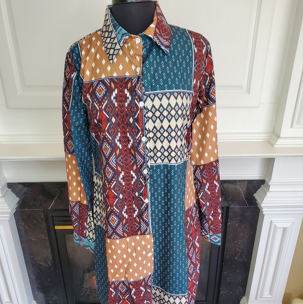 Multi Design Print Midi Shirt Dress - Gem